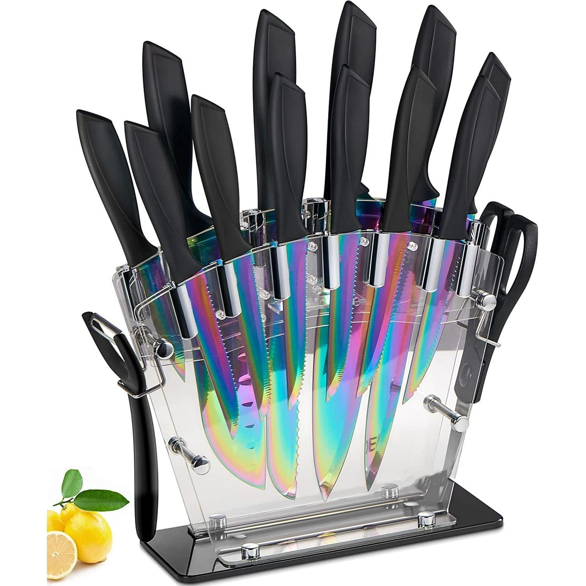 16 Pieces Rainbow Titanium Coating Cutlery Set No Rust Knife Block with ...